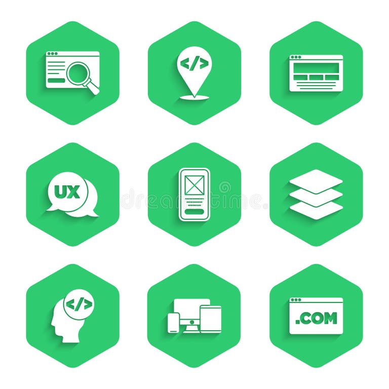 Set UI or UX Design, Monitor, Mobile, Tablet, Layers, Front End Development, and Icon. Vector ...