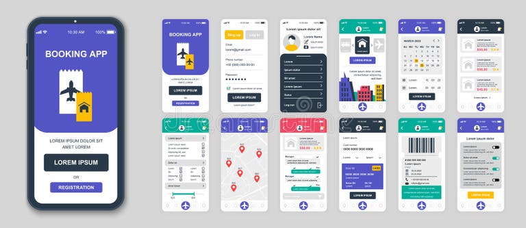 Set of UI, UX, GUI Screens Booking App Flat Design Template for Mobile ...