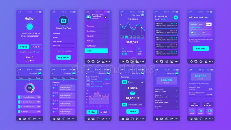 Set of UI, UX, GUI Screens Cryptocurrency App Flat Design Template for ...
