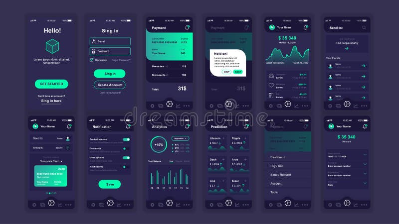 Set of UI, UX, GUI Screens Cryptocurrency App Flat Design Template for ...