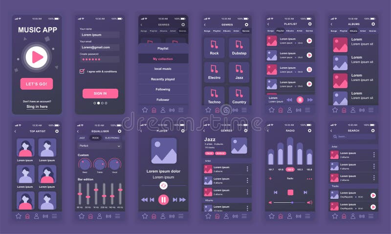 Set of UI, UX, GUI Screens Music App Flat Design Template for Mobile ...