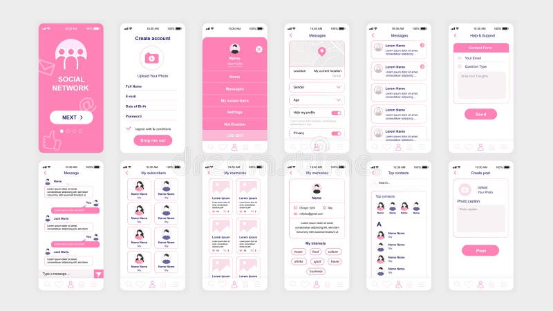 Set of UI, UX, GUI Screens Social Network App Flat Design Template for ...