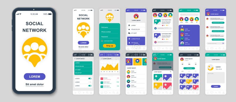Set of UI, UX, GUI Screens Social Network App Flat Design Template for ...