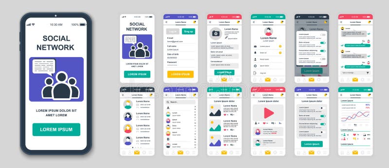 Set of UI, UX, GUI Screens Social Network App Flat Design Template for ...