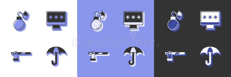Set Umbrella, Bomb, Parking Car Barrier and Monitor with Password Icon ... Set Umbrella, Bomb, Parking Car Barrier and Monitor with Password Icon ...