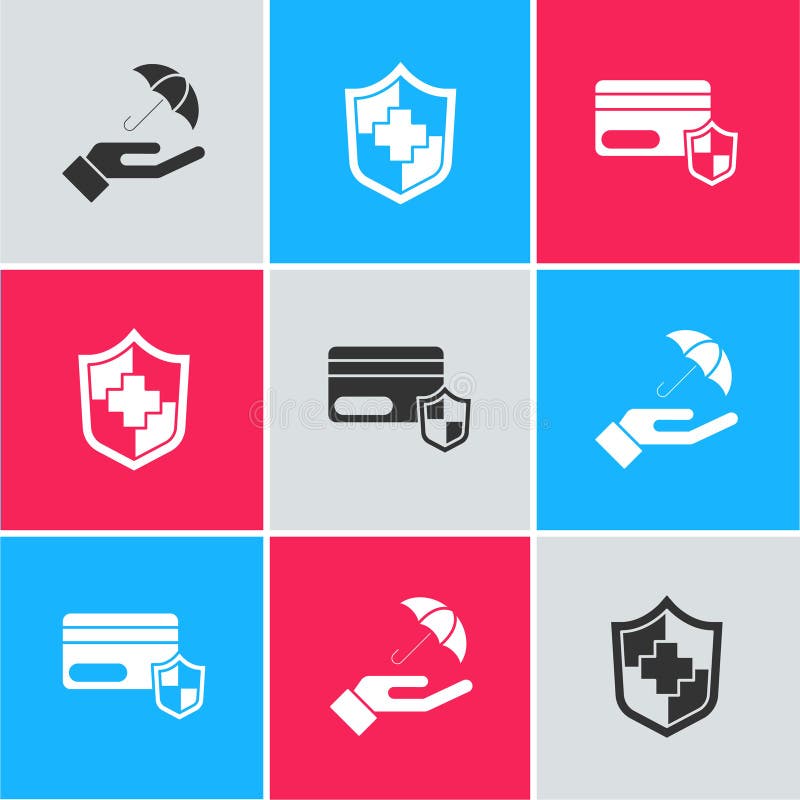 Set Umbrella in Hand, Life Insurance with Shield and Credit Card Icon ...