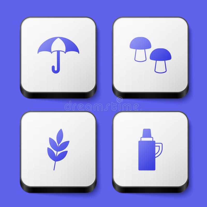 Set Umbrella, Mushroom, Leaf and Thermos Container Icon. White Square ...