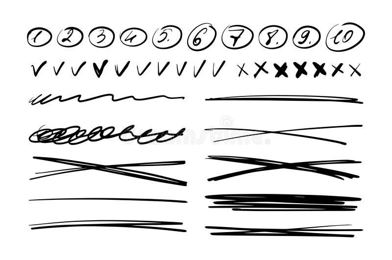 Set of Underline Lines, Scribbles with Pen, Marker, Numbers from 1 To ...