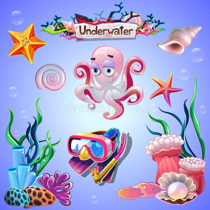 Set of underwater items stock illustration. Illustration of item - 58576531