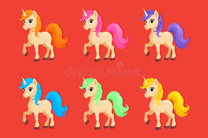 Set of Unicorns with Different Hair Colors Isolated Vector Illustration ...
