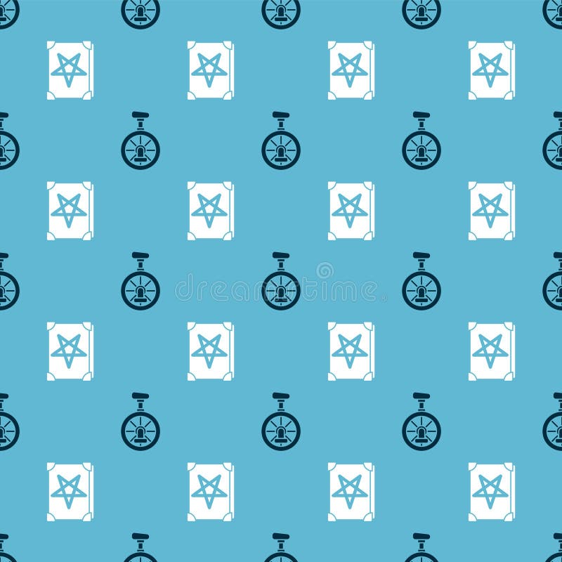 Set Unicycle or One Wheel Bicycle and Ancient Magic Book on Seamless ...