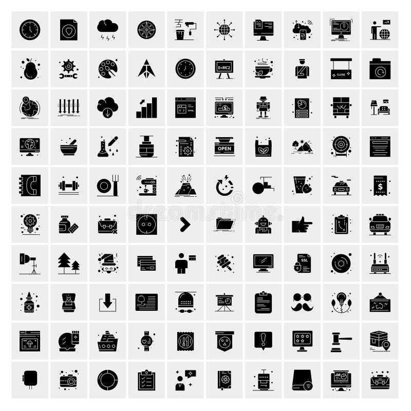 Set of 100 Universal Solid Icons Stock Vector - Illustration of icon ...