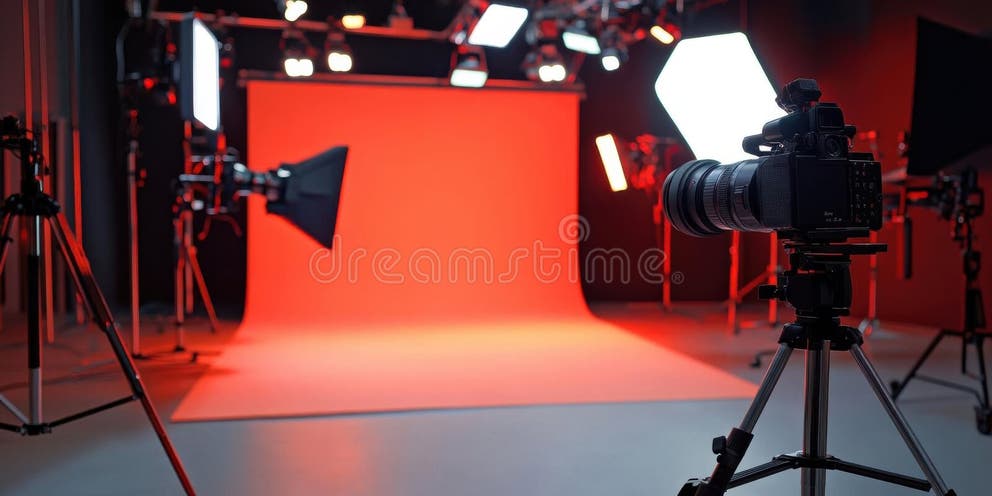 Set Up Camera with Lighting and Red Backdrop for Production Stock ...