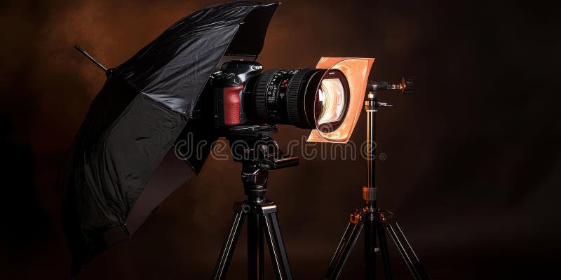 Set Up Camera with Umbrella for Photography and Light Equipment on ...