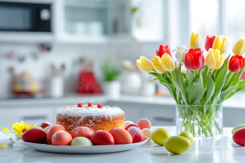 Set Up Easter Cakes, Eggs, and Tulips on the Dining Table in the ...