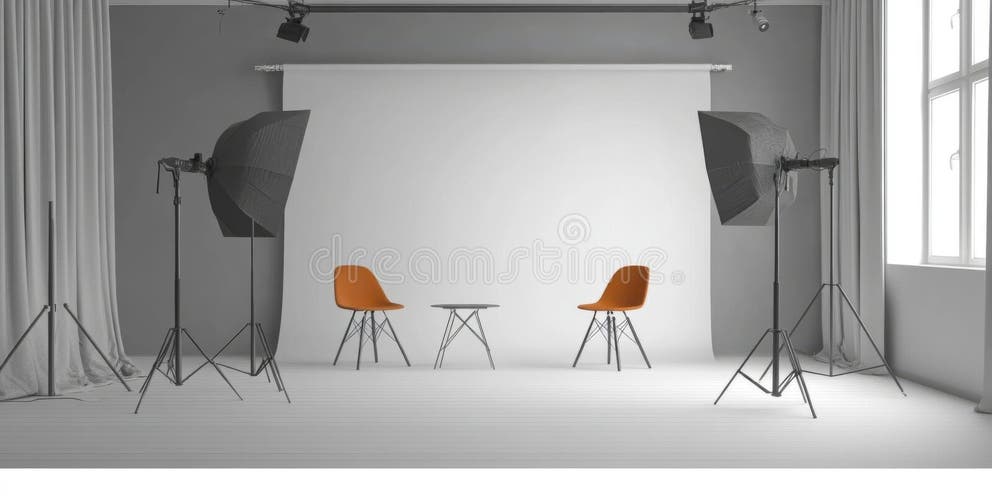 Set Up Simple Studio with Minimalist Chairs and Softbox Lighting in a ...