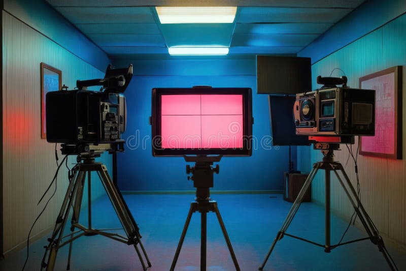 Set Up Video Cameras To Record on Set with Vintage Studio Theme Stock ...