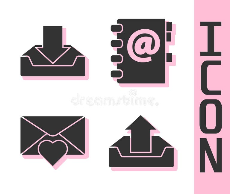 Set Upload Inbox, Download Inbox, Envelope with Valentine Heart and Address Book Icon. Vector ...