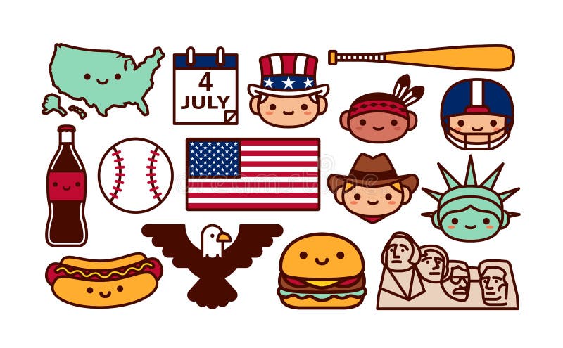 Set of USA Cartoon Icons Isolated Stock Vector - Illustration of ...