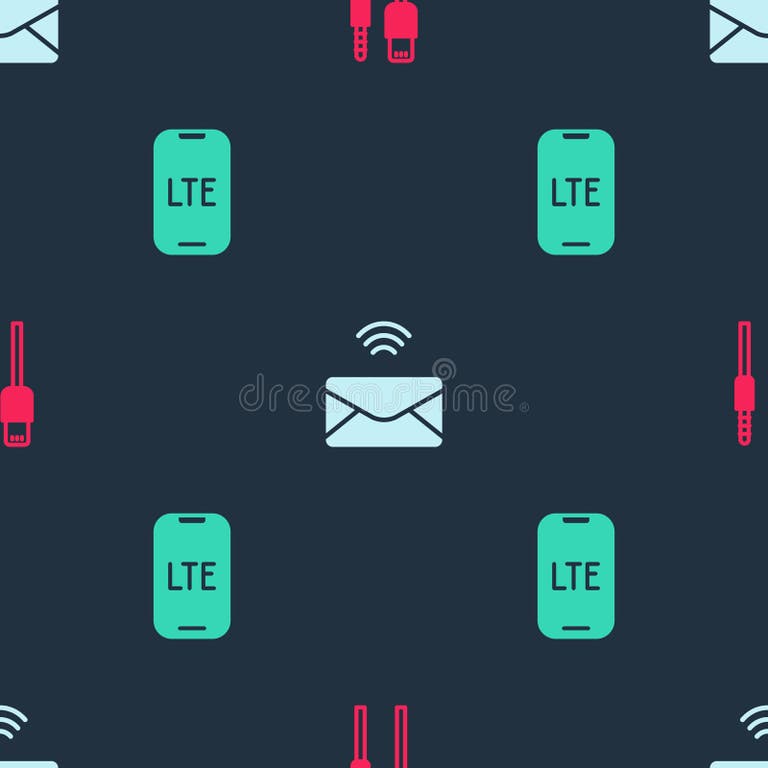 Set USB Cable Cord, Mail and E-mail and LTE Network on Seamless Pattern ...