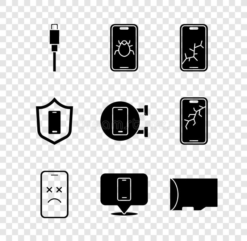 Set USB Cable Cord, System Bug on Mobile, Mobile with Broken Screen ...