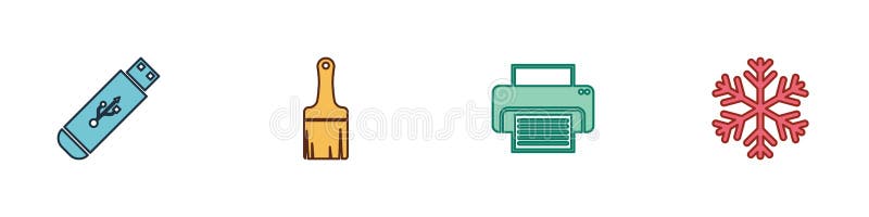 Set USB Flash Drive, Paint Brush, Printer and Snowflake Icon. Vector ...