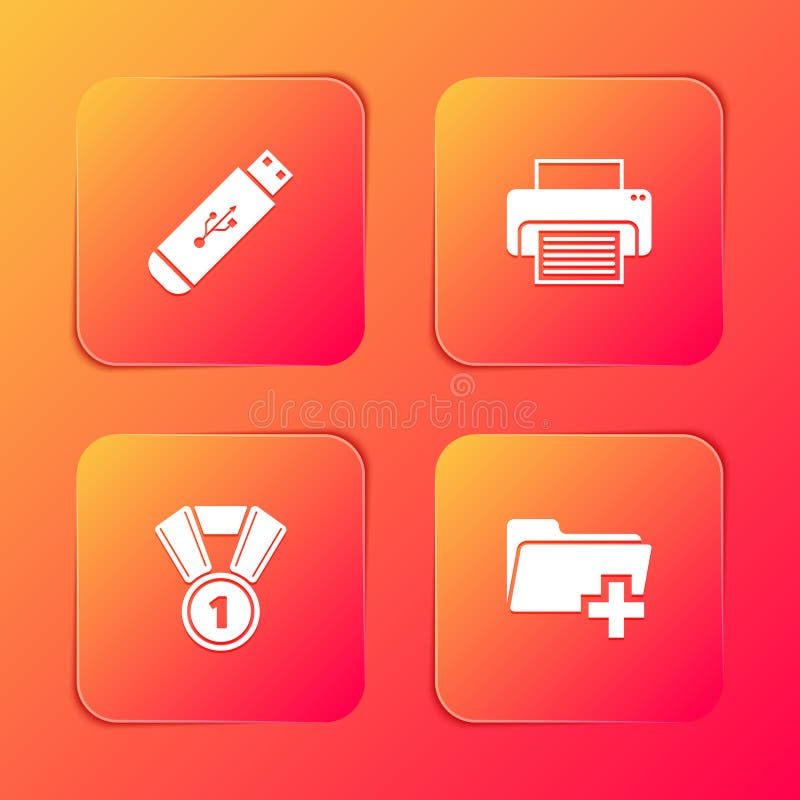 Set USB Flash Drive, Printer, Medal and Add New Folder Icon. Vector ...