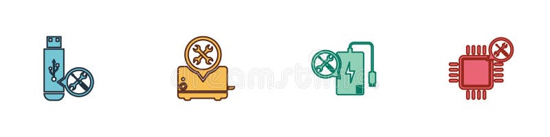 Set USB Flash Drive Service, Toaster, Power Bank and Processor Icon ...