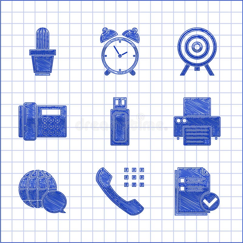 Set USB Flash Drive, Telephone Handset, Document Check Mark, Printer ...