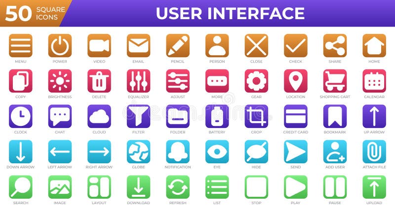 Set of 50 User Interface Icons in Square Style. Menu, Calendar, Clock ...