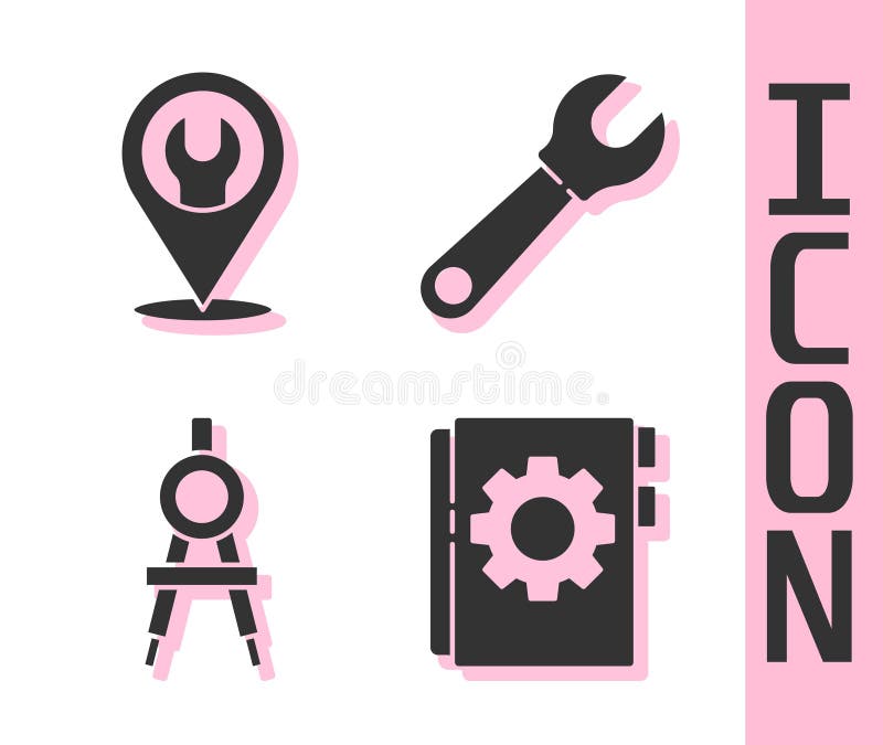 Set User Manual, Location with Wrench Spanner, Drawing Compass and Wrench Spanner Icon. Vector ...