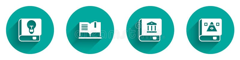 Set User Manual, Open Book, Law and Ancient Magic Icon with Long Shadow ...