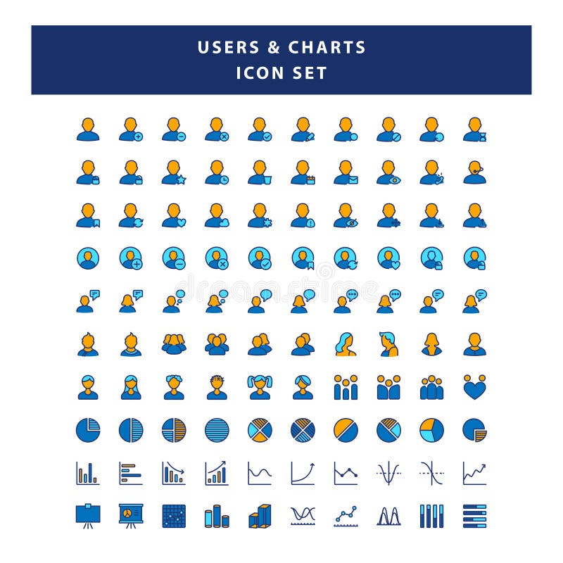Set of Users and Charts Icon with Filled Outline Style Design Vector ...