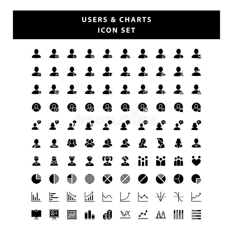 Set of Users and Charts Icon with Glyph Style Design Vector Stock ...