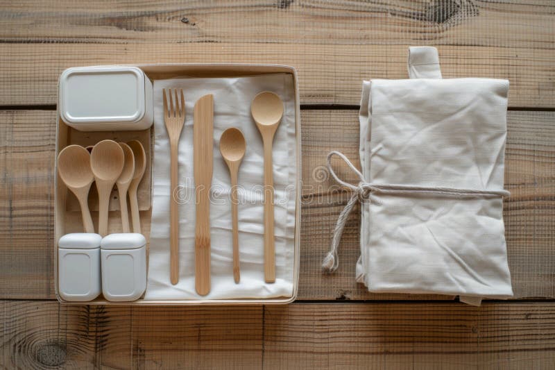 Set of Utensils in Box on Wooden Table Stock Image - Image of cooking ...