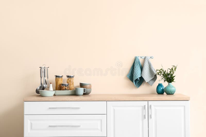 Set of Utensils on Kitchen Counter Stock Photo - Image of bowl, pasta ...