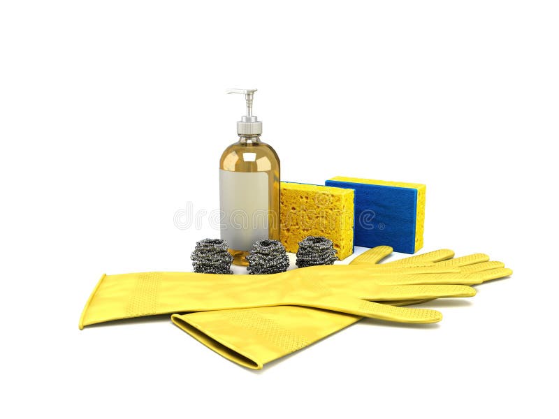 Set of Utensils for Washing Dishes 3d Render on White Background Stock ...