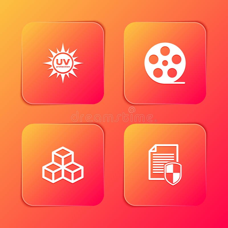 Set UV Protection, Film Reel, Isometric Cube and Document Icon. Vector ... Set UV Protection, Film Reel, Isometric Cube and Document Icon. Vector ...