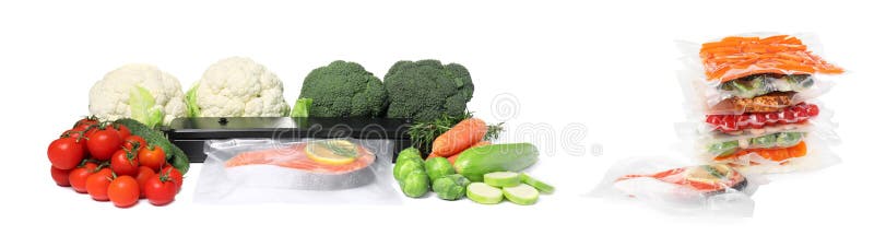 Set with Vacuum Packs with Different Products on White Background ...