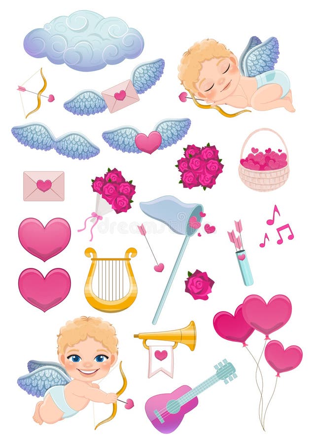 Set of Valentine Elements with Cute Cupid, Valentine Items Vector Stock ...