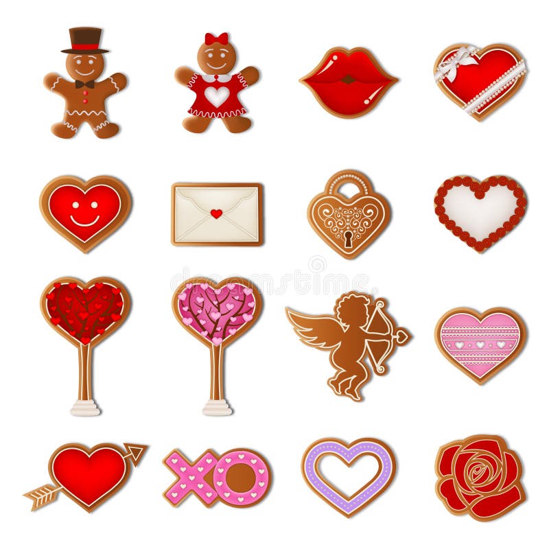 Set of Valentine Gingerbread Cookies Stock Vector - Illustration of ...
