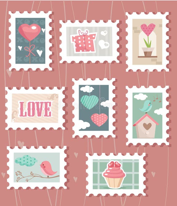 Set of Valentine`s Day Postage Stamps Stock Vector - Illustration of ...