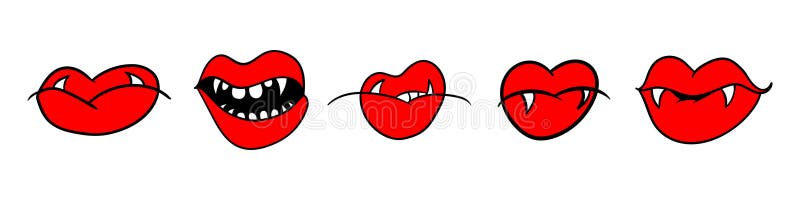 Set of Vampire Bite and Kiss Illustration. Red Lips with Vampire Teeth ...