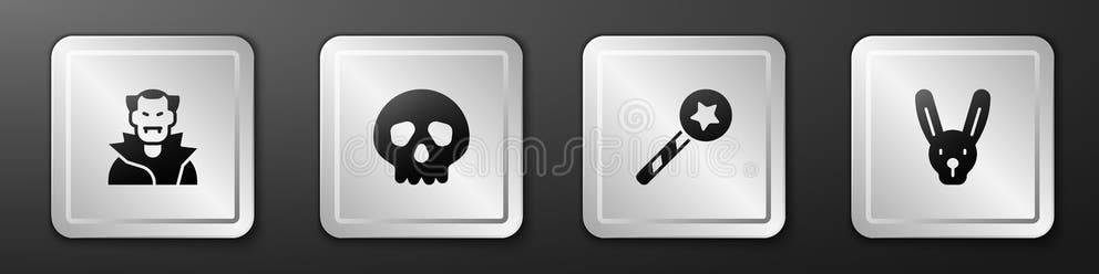 Set Vampire, Skull, Magic Wand and Rabbit with Ears Icon. Silver Square ...