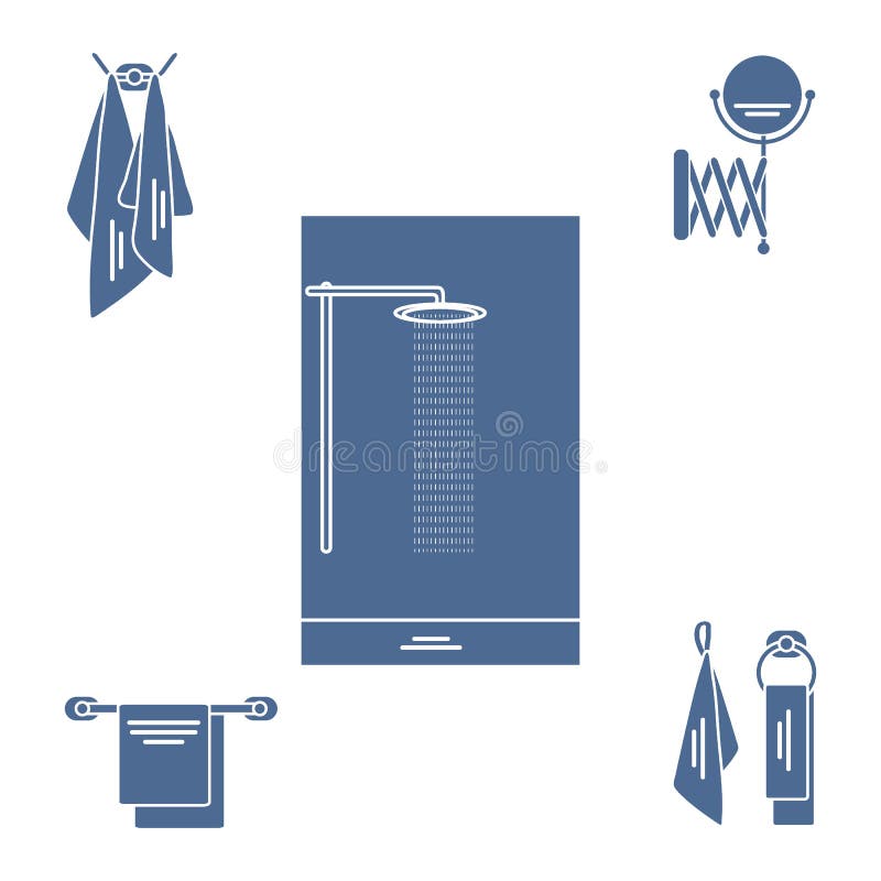 Set Of Variety Bathroom Elements Shower Towels Hanging On Diff Stock