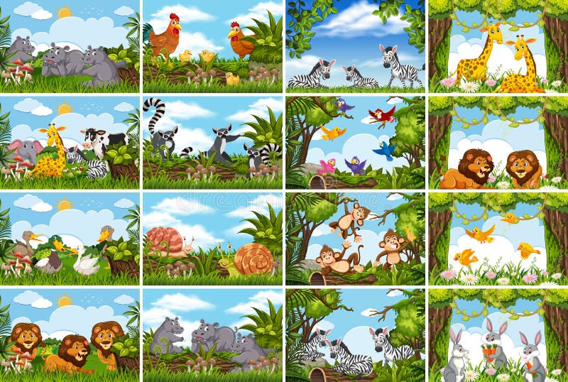 Set of Various Animals in Nature Scenes Stock Vector - Illustration of ...