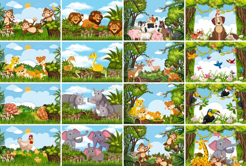 Set of Various Animals in Nature Scenes Stock Illustration ...