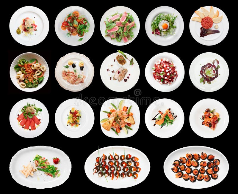 Set of Various Appetizers on Black Background Stock Image - Image of ...
