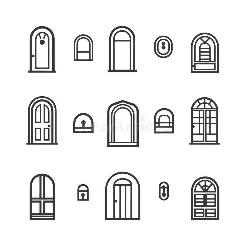 Collection of Arched Doors and Windows: Architectural Line Icons Stock ...