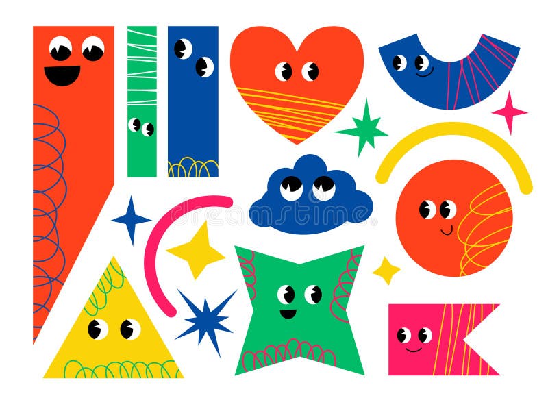 Set of Various Bright Basic Geometric Figures with Face Emotions ...
